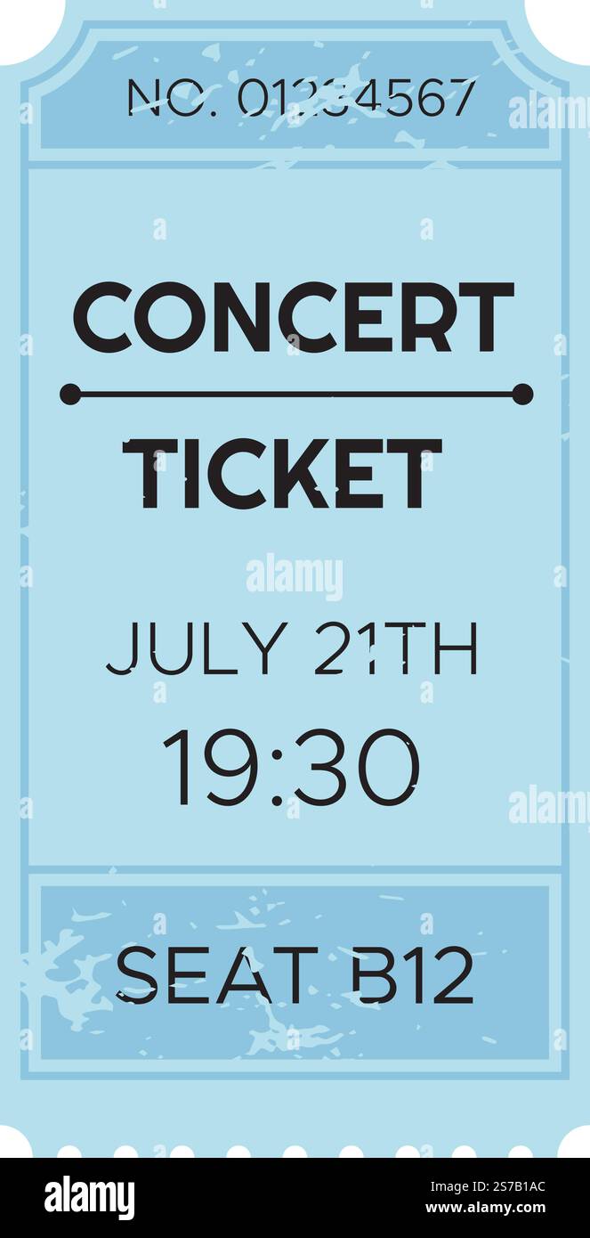 Light blue concert ticket with number, date, time and seat number ...