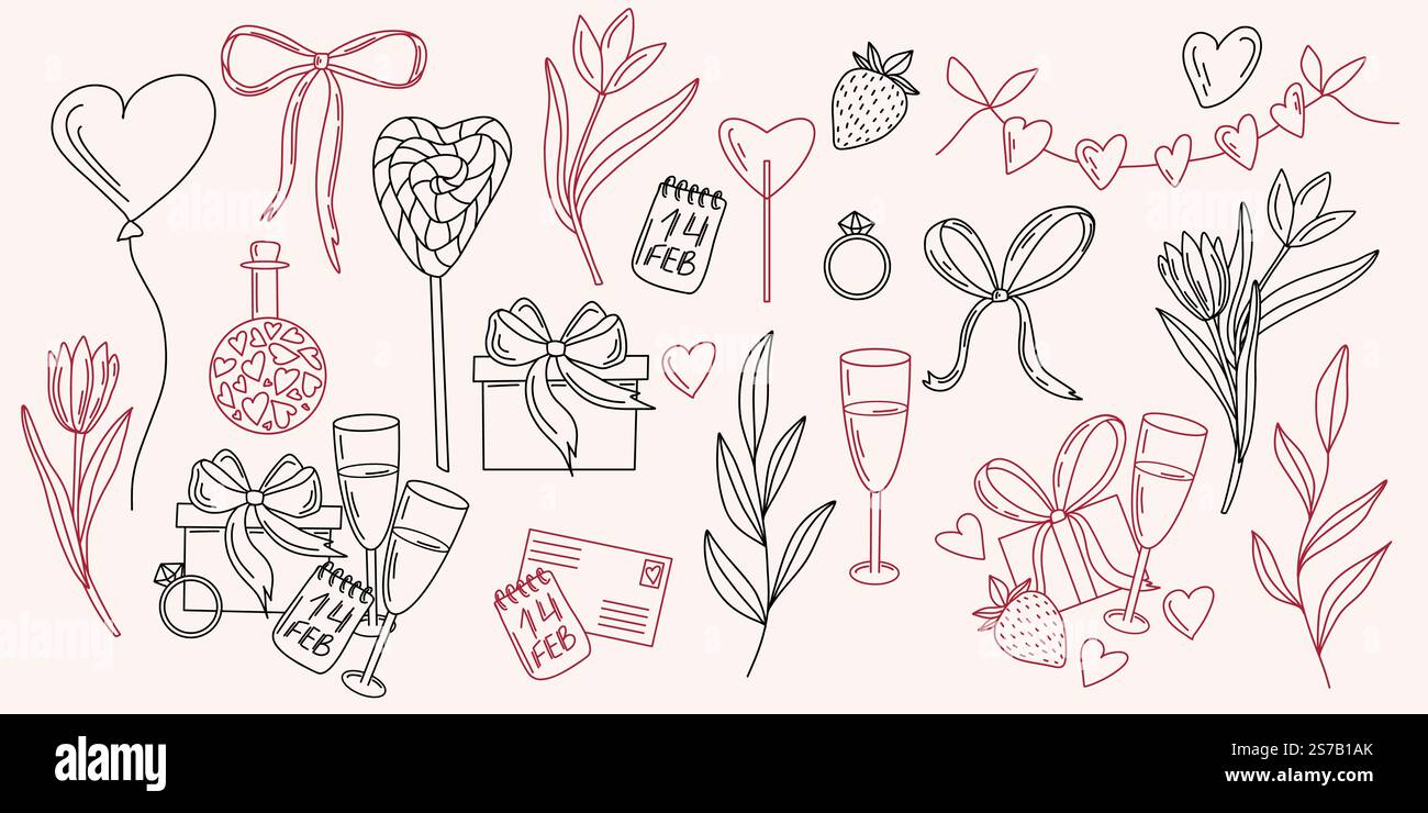 Hand drawn vector Valentines Day elements in outline style. Hearts ...