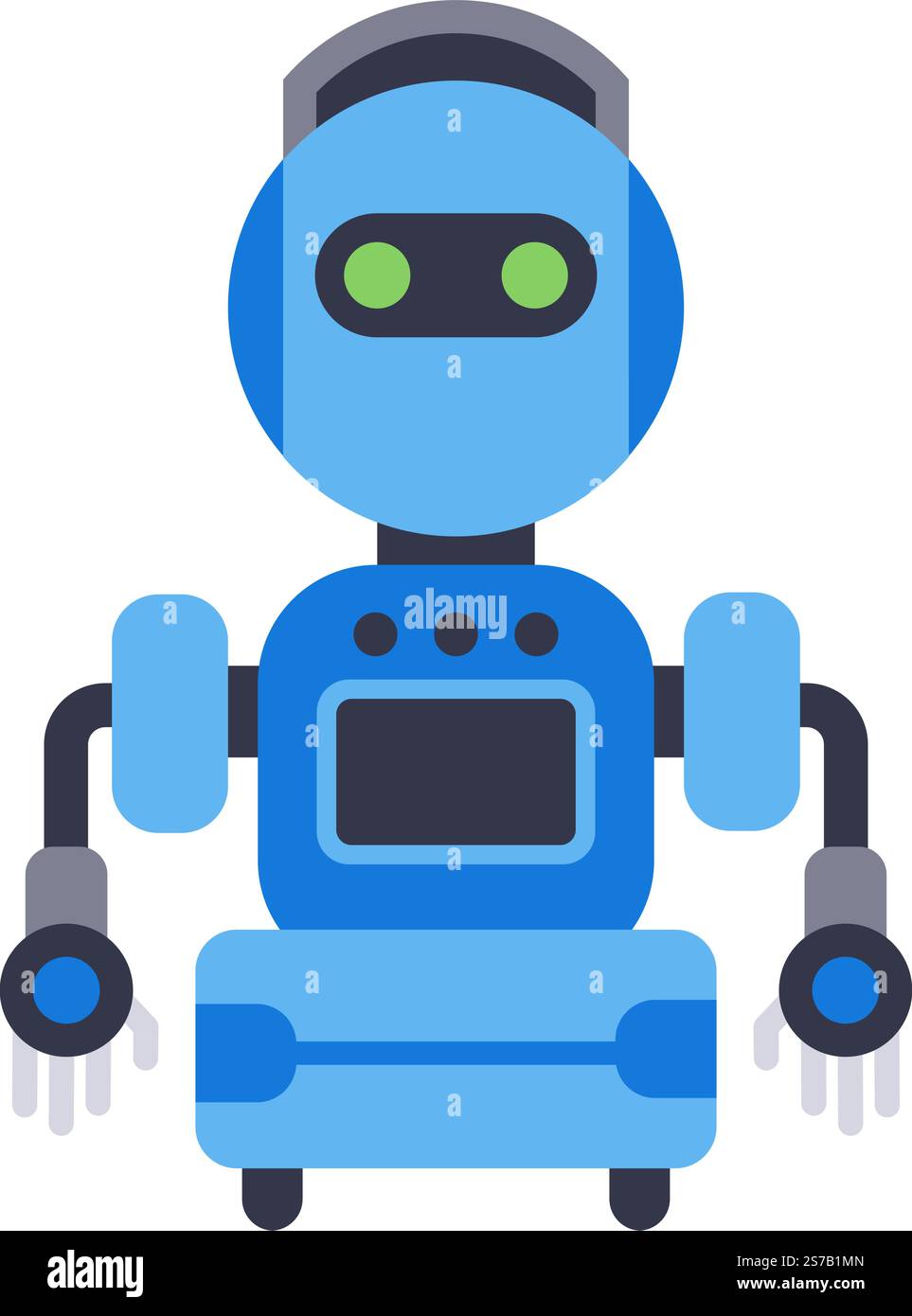 Blue robot standing with glowing green eyes and a screen on its chest ...