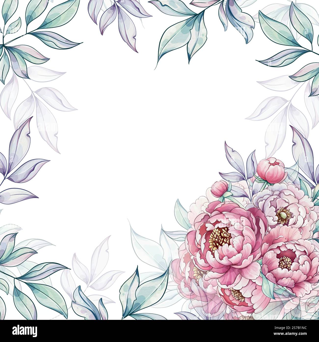 Delicate peonies bloom gracefully within a leafy border, showcasing a ...