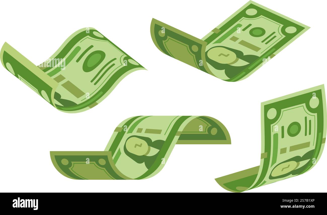Four green dollar bills are floating and waving in different positions ...