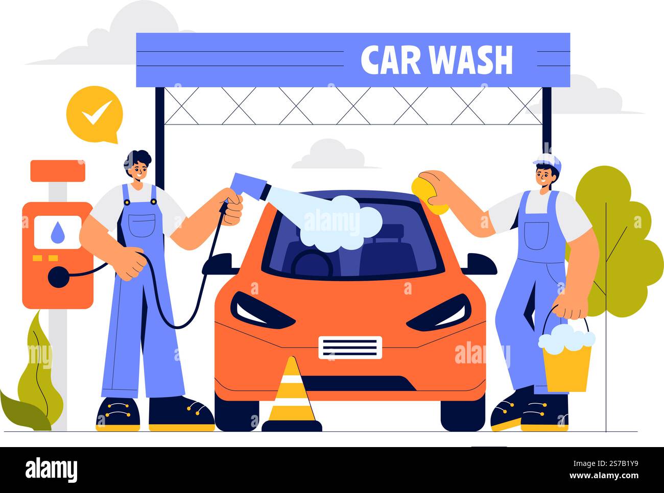 Car Wash Service Vector Illustration featuring Workers Cleaning an ...