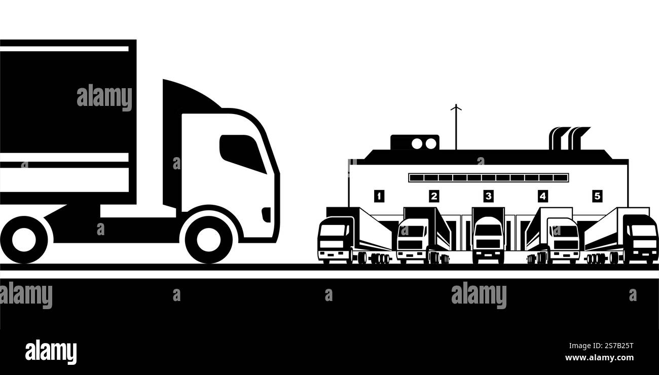 Trucks loading goods from distribution warehouse - vector illustration ...