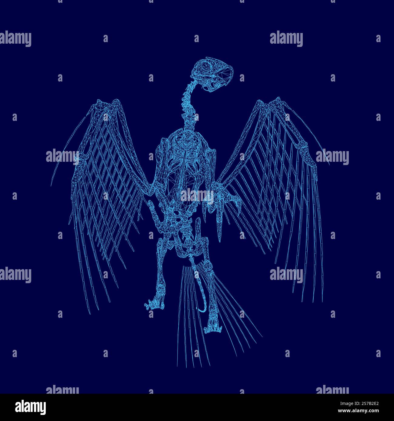 Blue image of a skeleton bird with a blue wing. The skeleton bird is ...