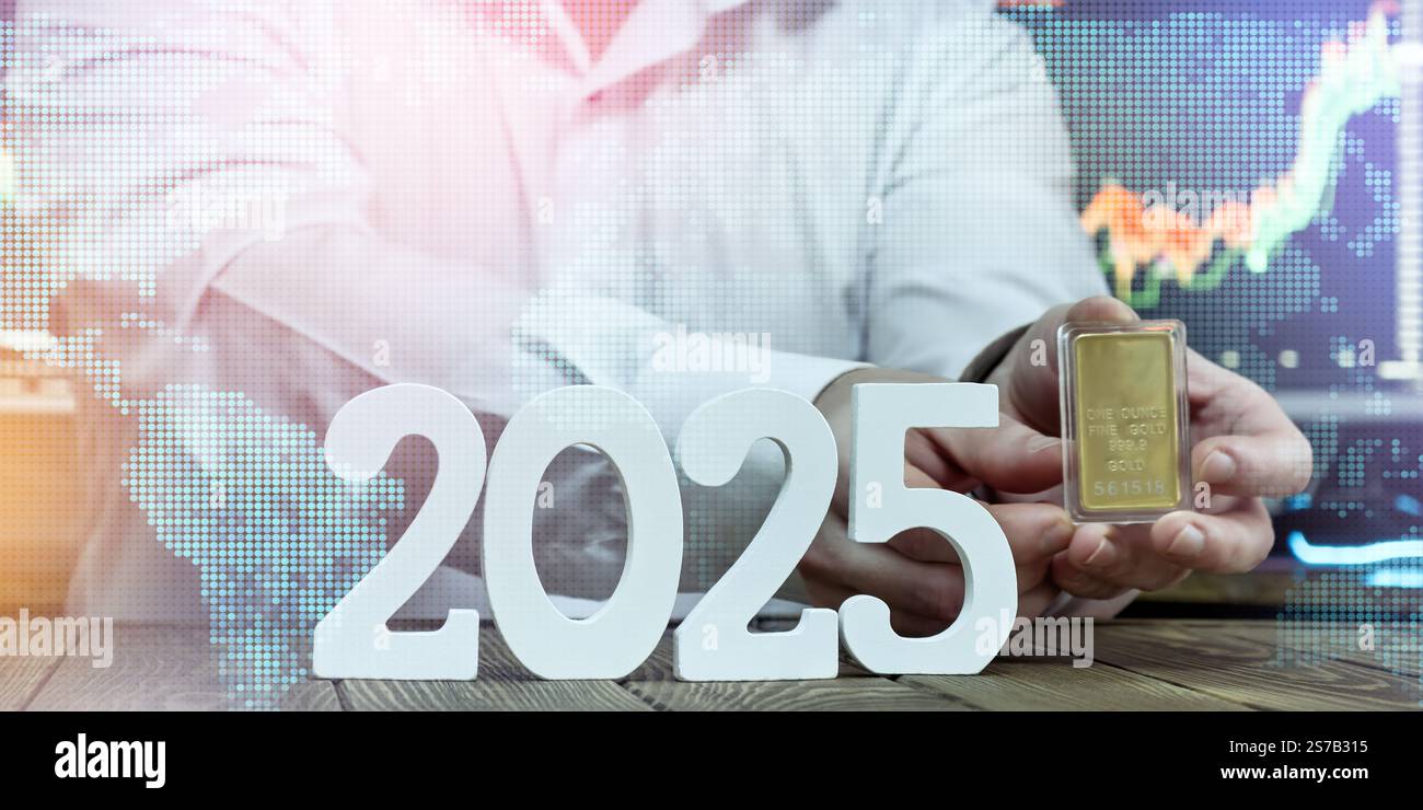 2025 investment strategies: hands holding gold bar with financial ...