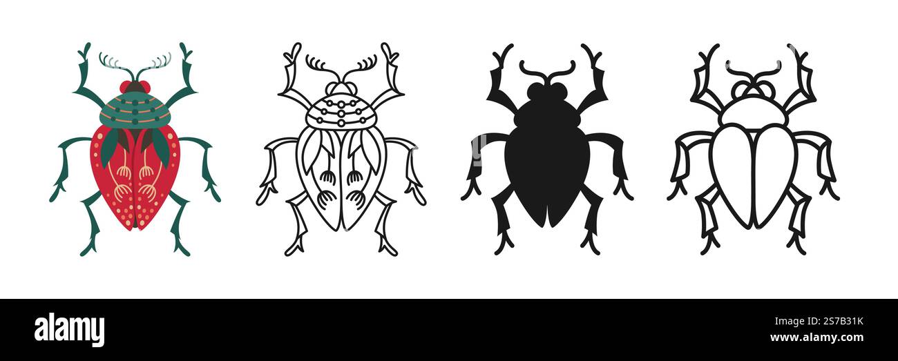 Beetles symbols cartoon set. Stylized bugs linear doodle icon. Abstract ...
