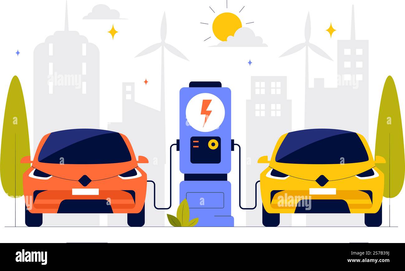 Charging Electric Car Batteries Vector Illustration with of Charger and ...