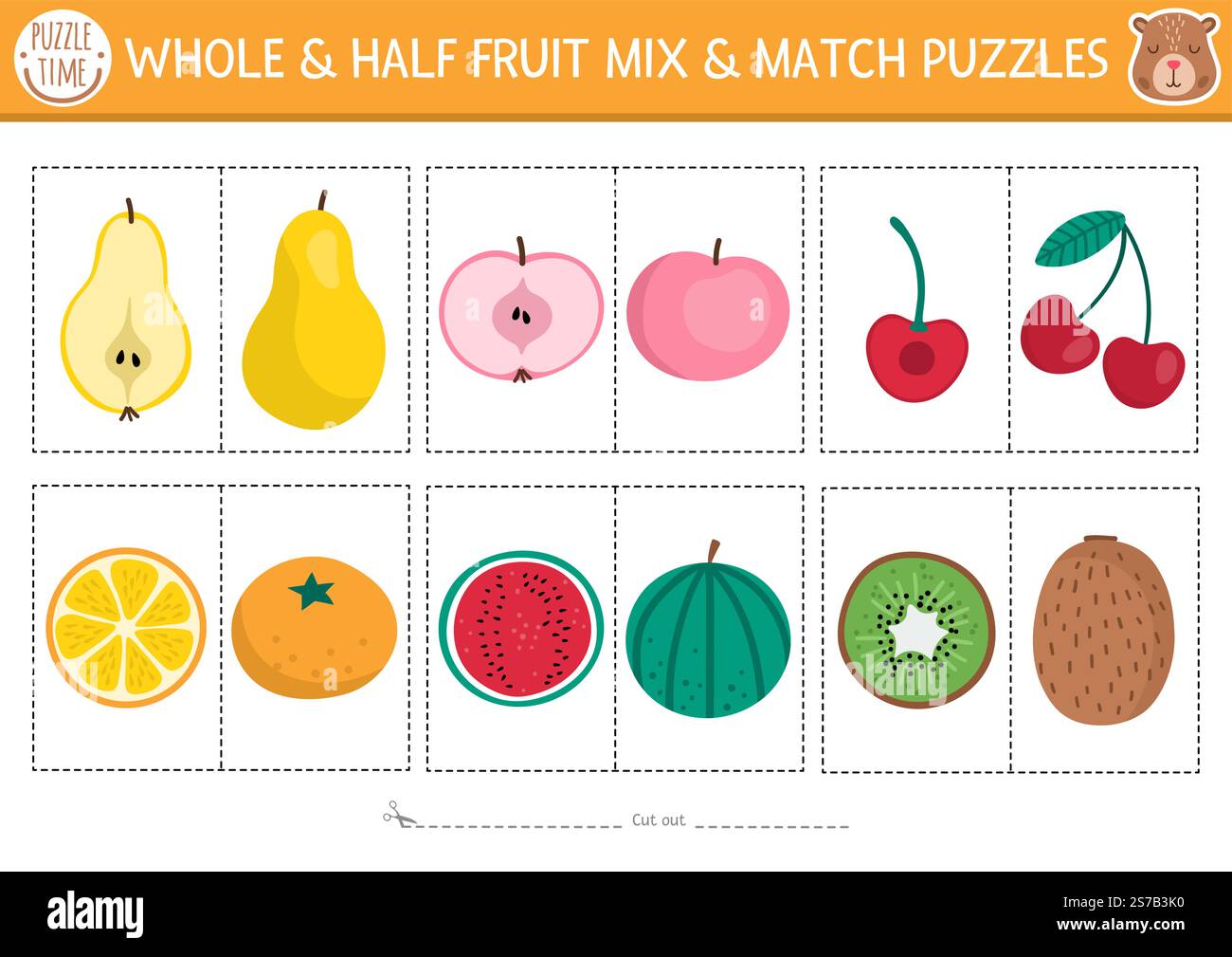 Vector half and whole berry and fruit mix and match puzzle. Matching ...