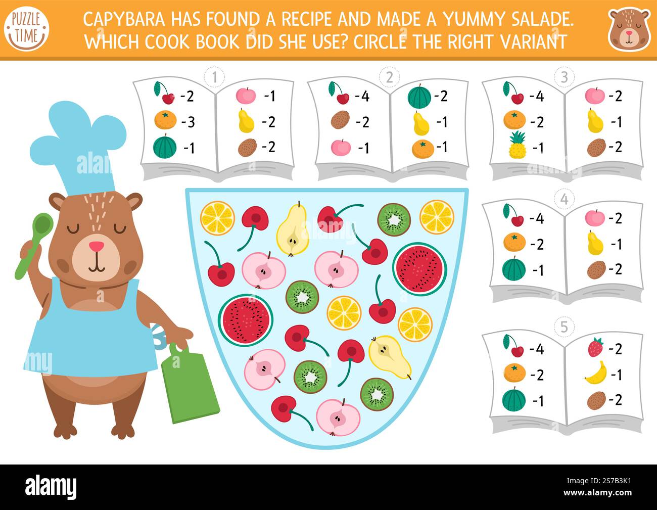Capybara matching game with fruit salad recipe and cook books. Math and ...