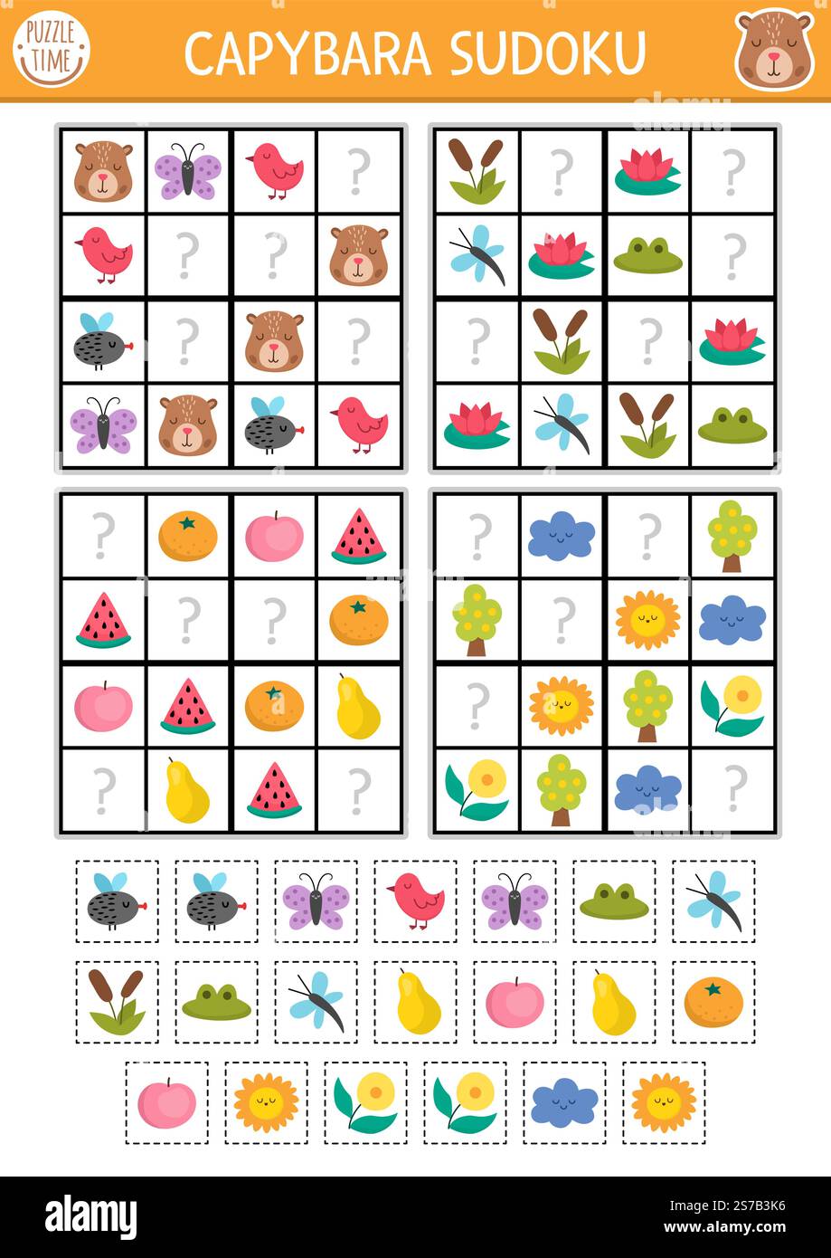 Vector capybara sudoku puzzle for kids with pictures. Simple capibara ...
