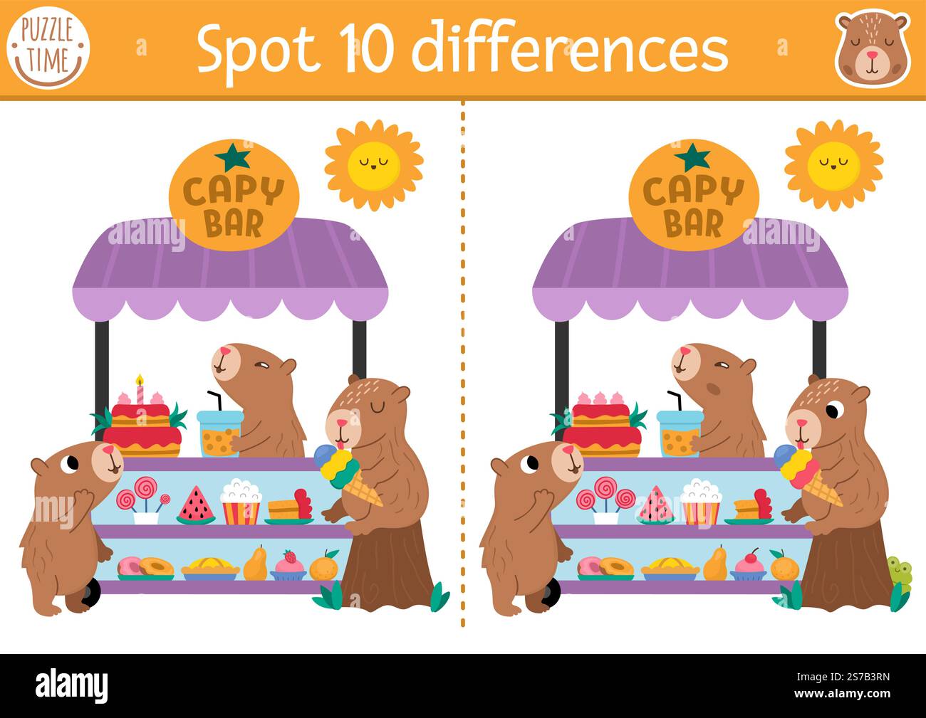 Find differences game for children. Capybara educational activity with ...