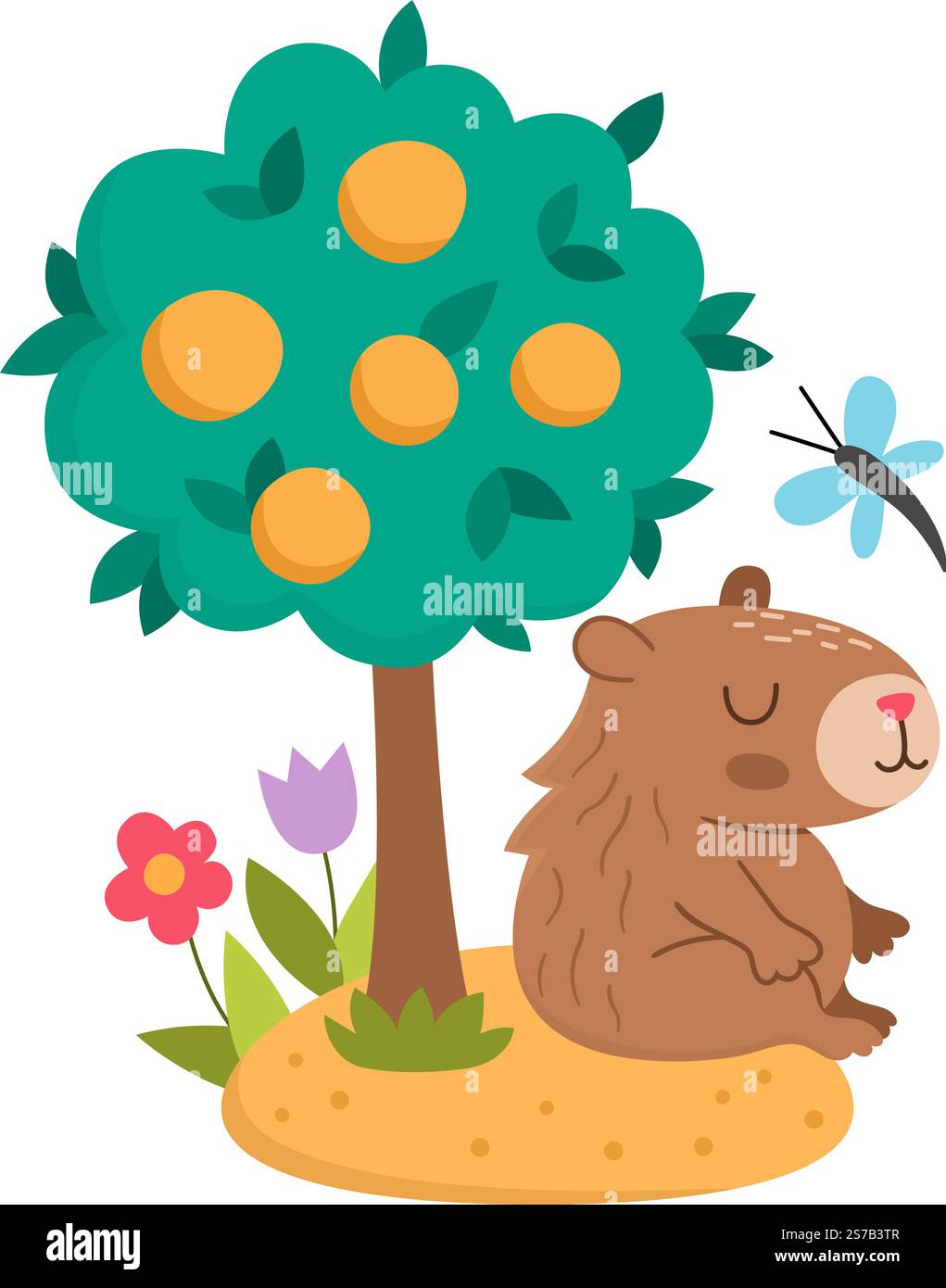Vector capybara illustration. Cute scene with capibara sitting under ...