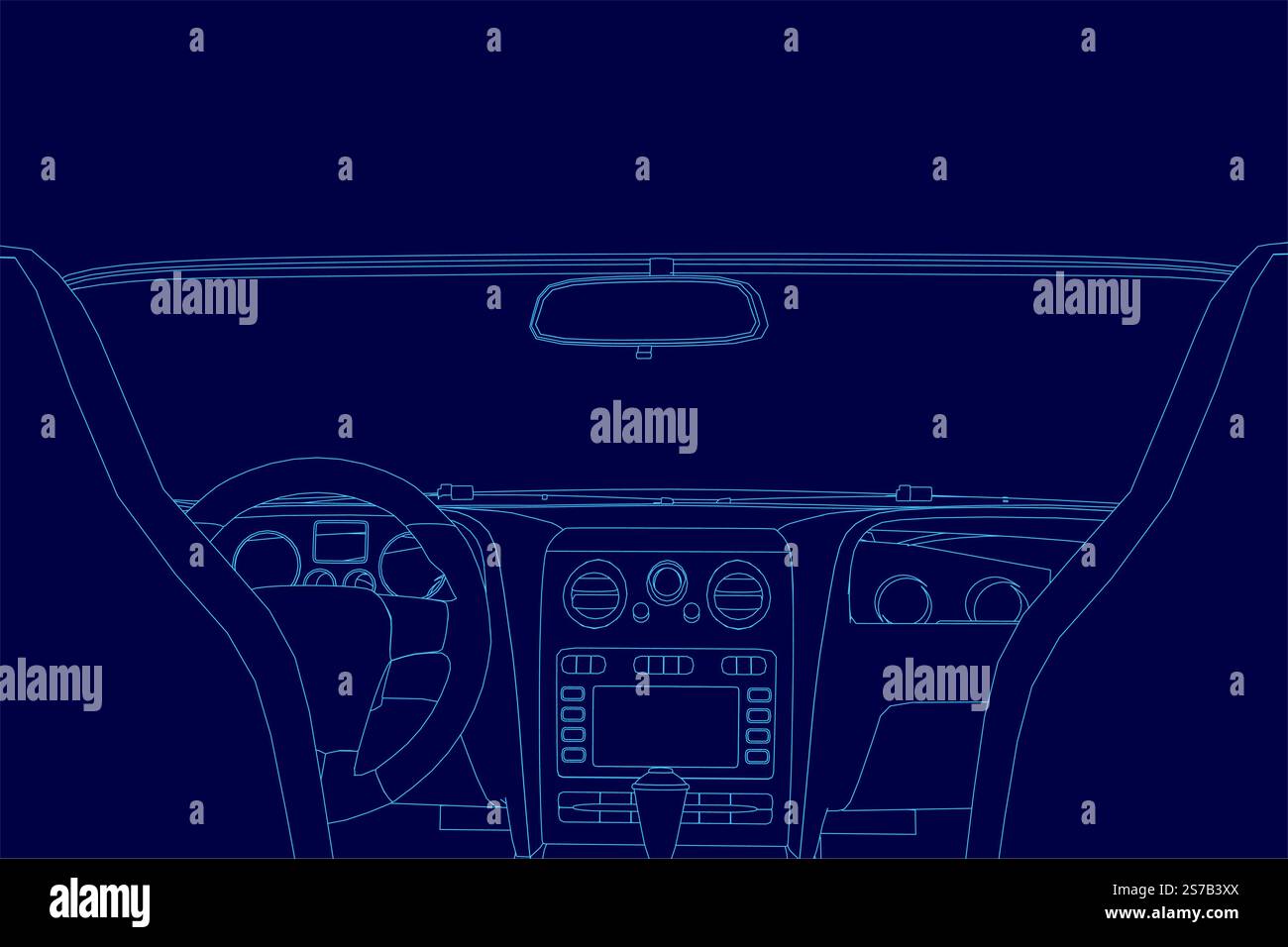 Blue cartoon drawing of a car dashboard with a steering wheel and a ...
