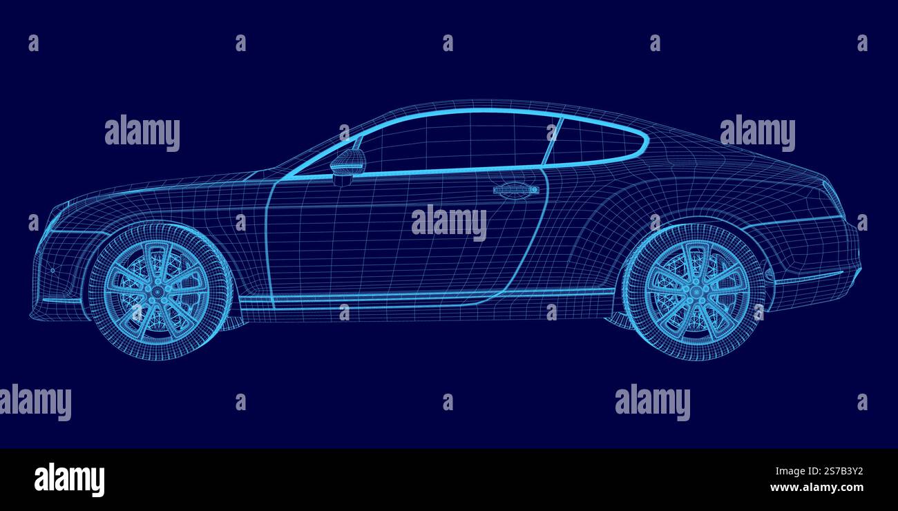 Blue car with a blue background. The car is shown in a stylized way ...