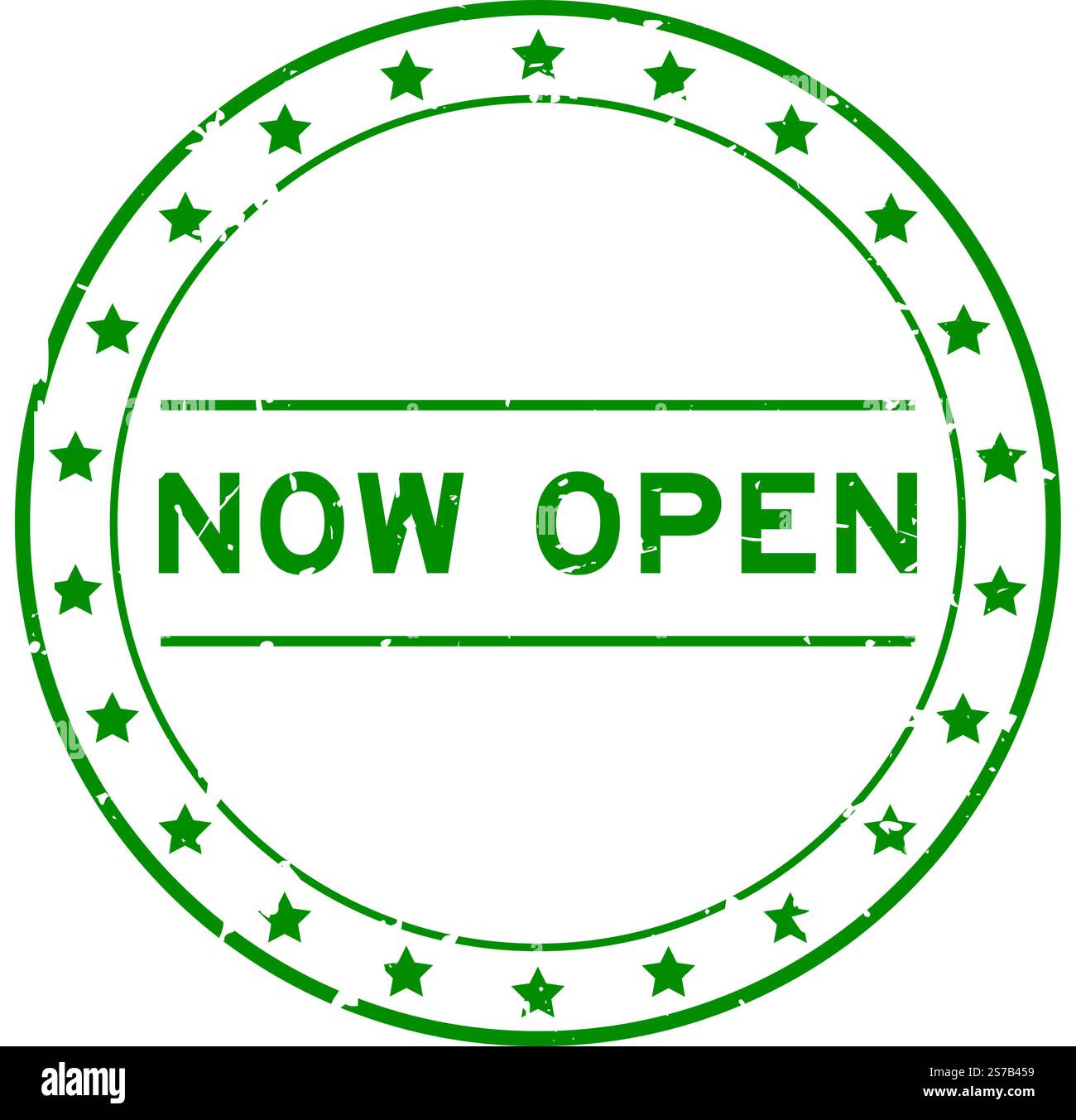 Grunge green now open word round rubber seal stamp on white background ...