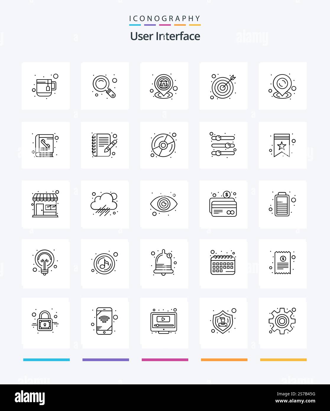 Creative User Interface 25 OutLine icon pack Such As book. pin. location. map. goal Stock Vector ...