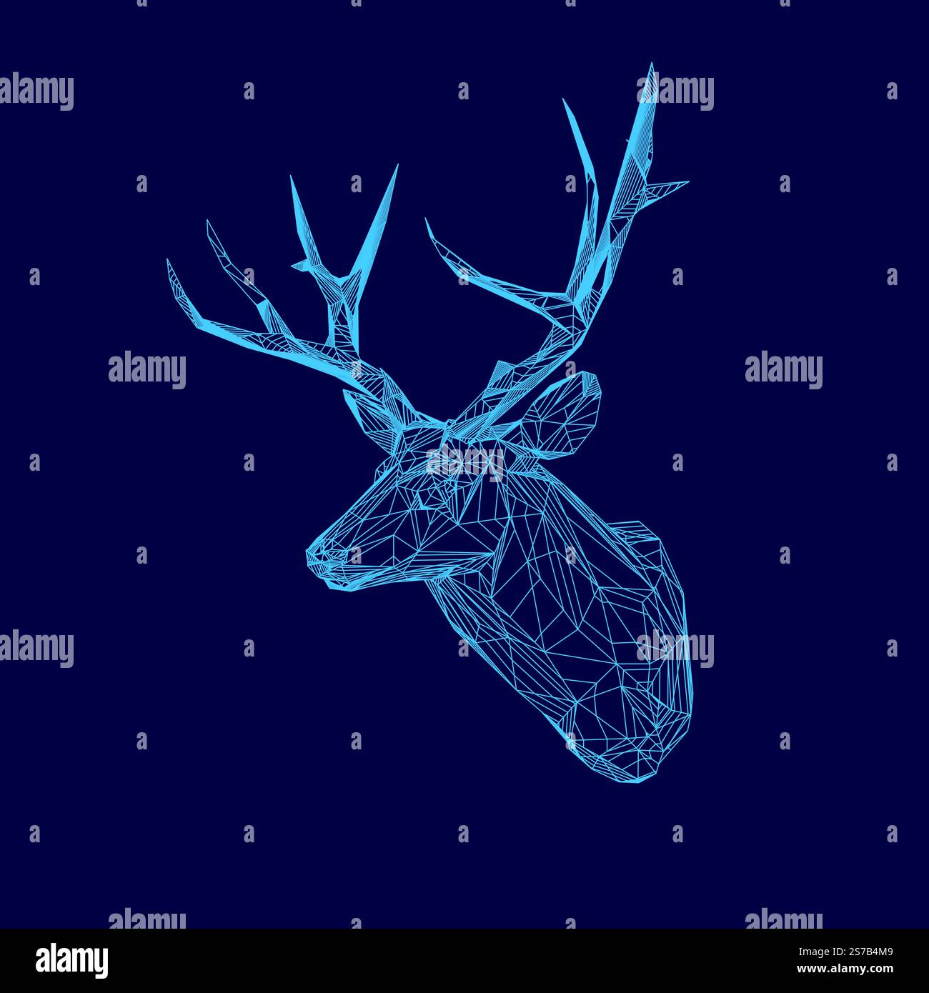 Blue deer head with a outline. The deer is shown in a stylized way ...