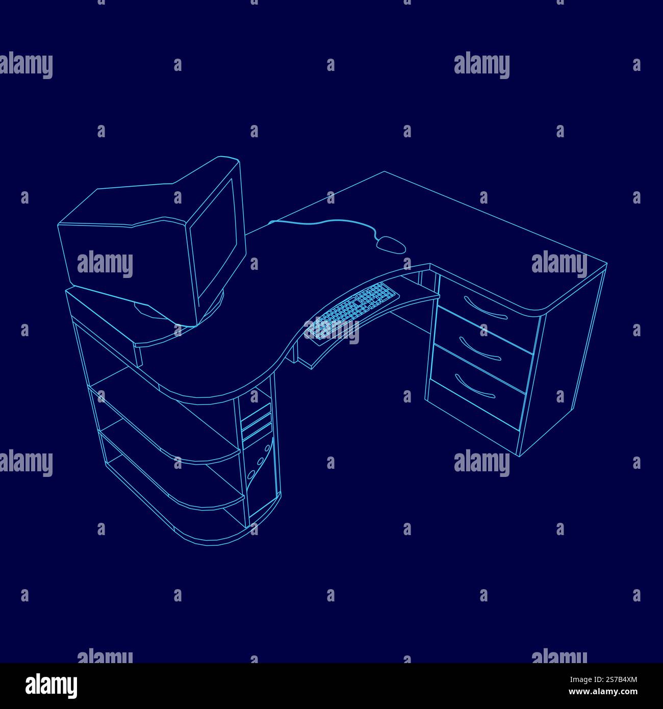 Blue drawing of a computer desk with a keyboard and mouse. The desk is ...