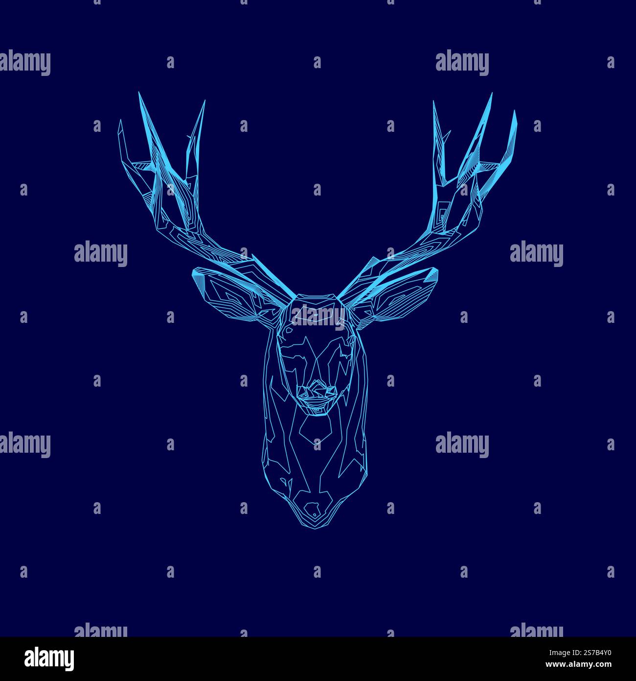 Blue deer head with a blue background. The deer head is drawn in a ...