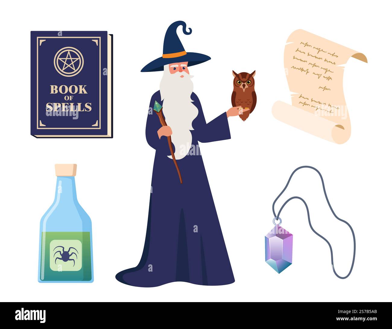 Old wizard man in robe and Magician tools. Wizard magic mystery amulet ...