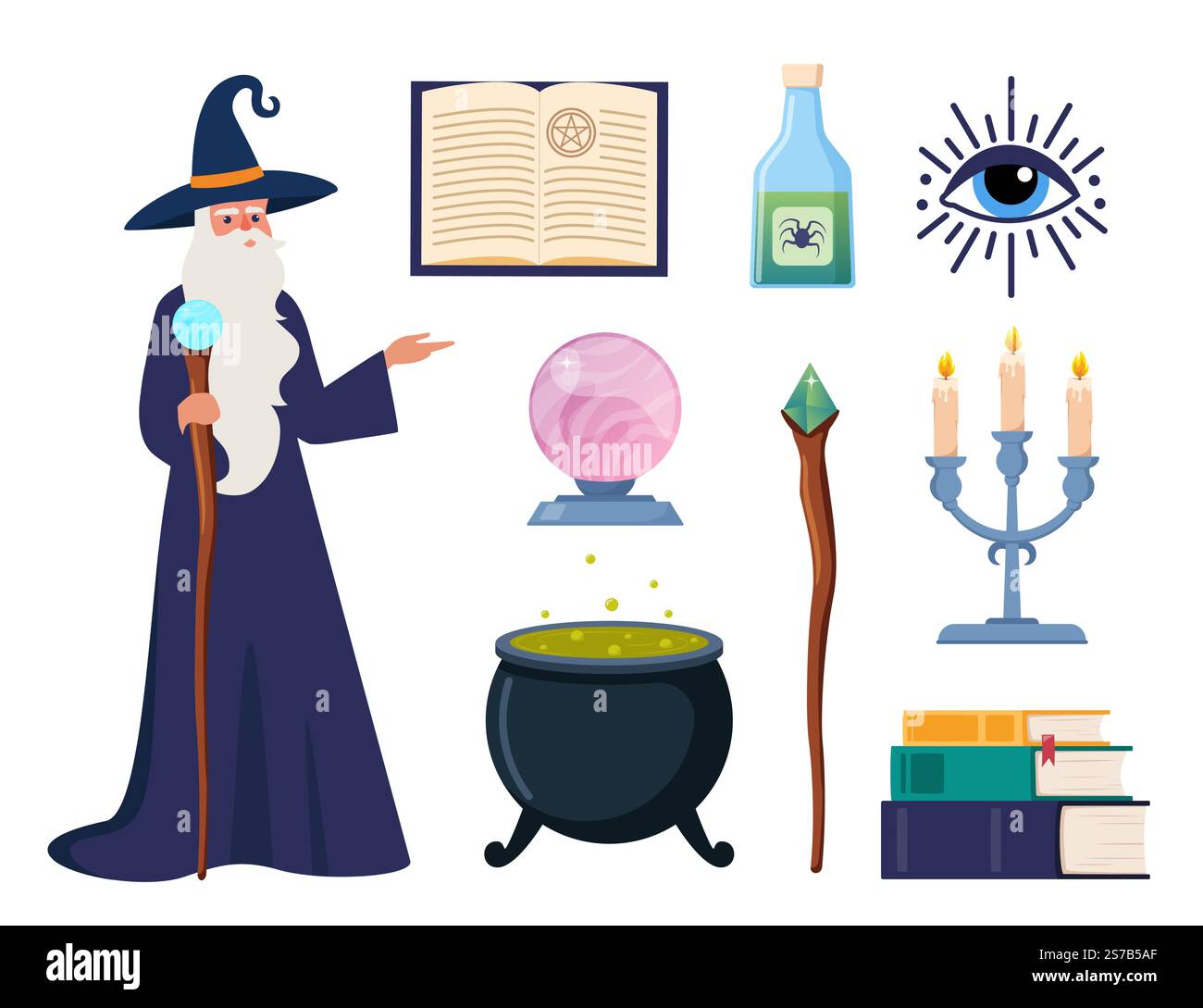 Old wizard man in robe and Magician tools. Wizard magic mystery amulet ...