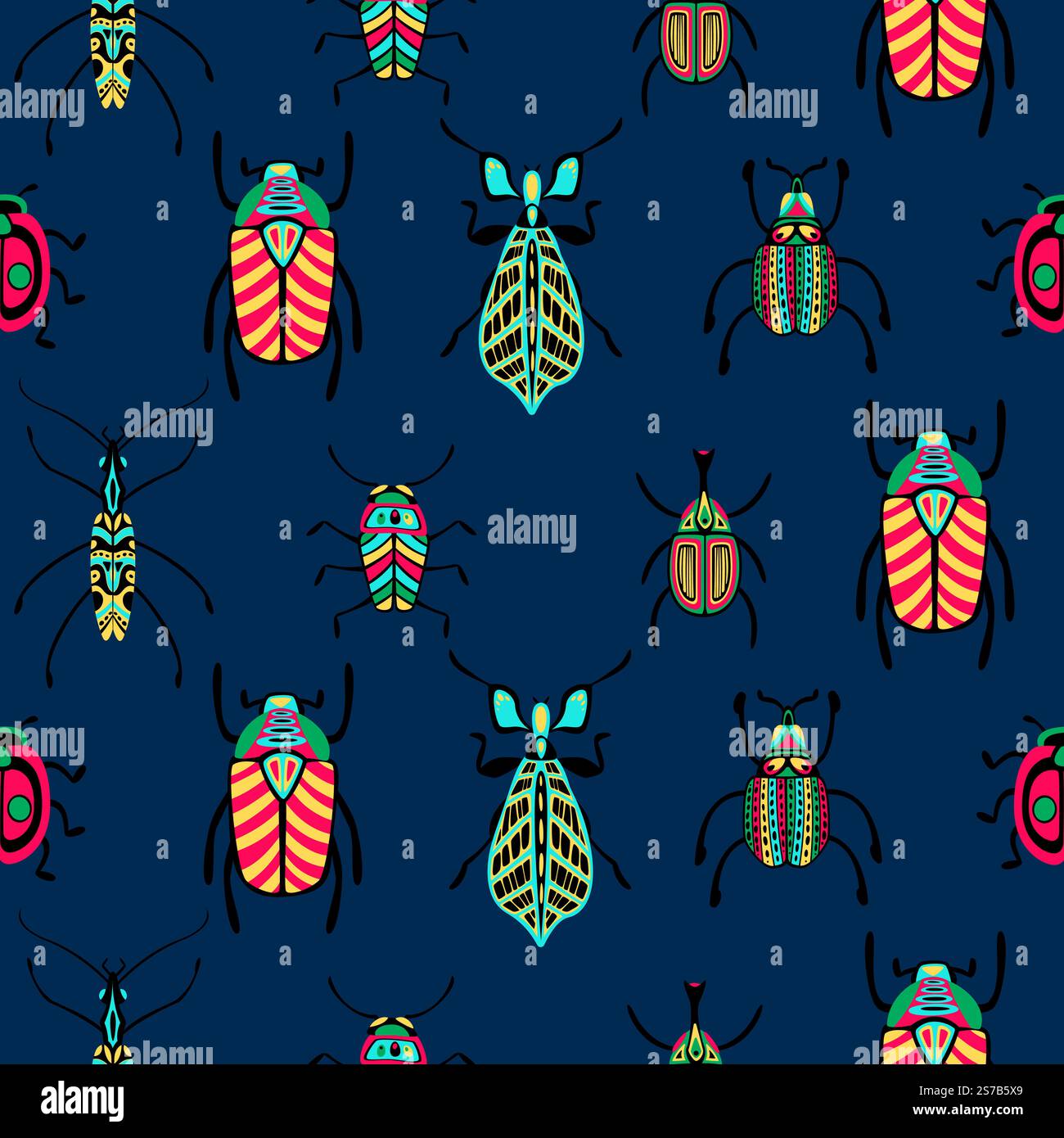 Colorful cute beetles and bugs seamless pattern. Vector flat cartoon illustration. Doodle ...