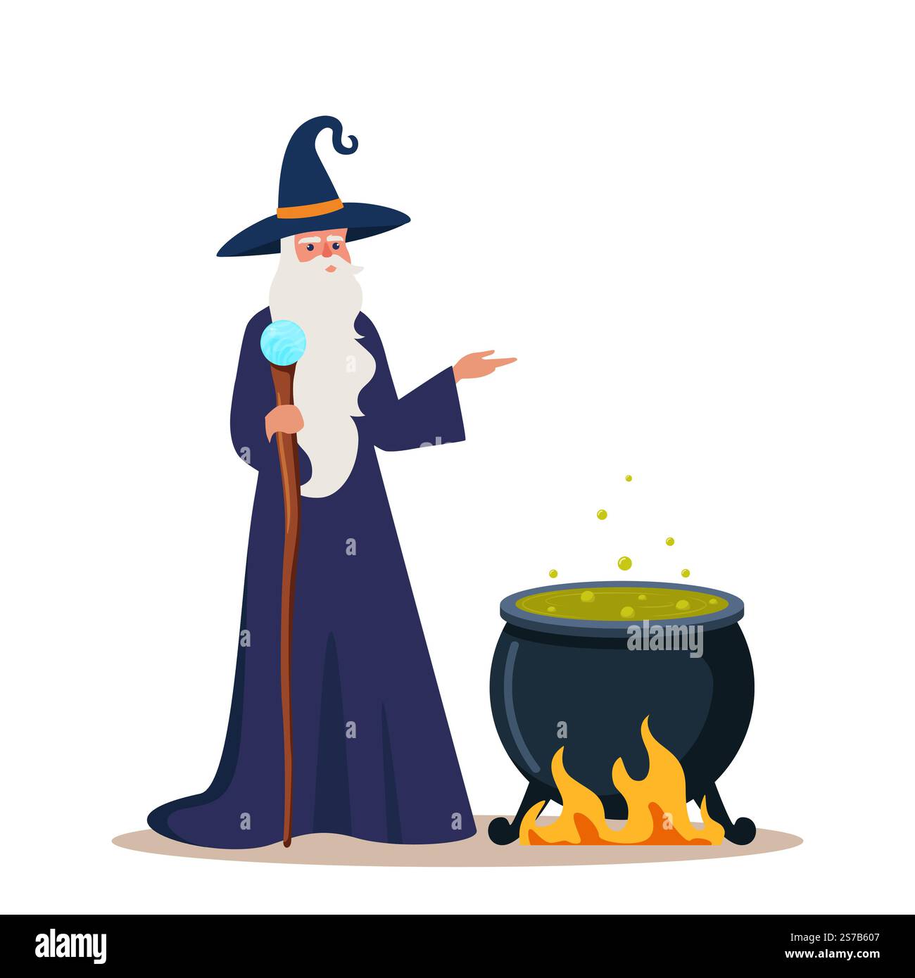 Old wizard man in robe and hat stands near cauldron with poisonous ...