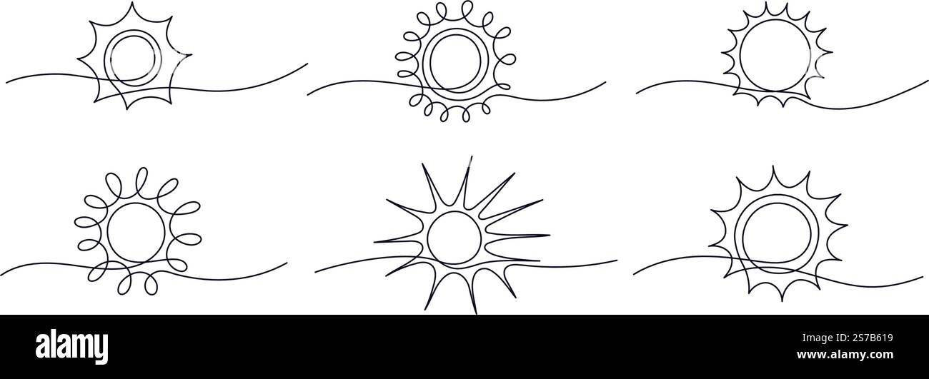 Sun one black continuous line set. Vector light rays drawing. Energy ...