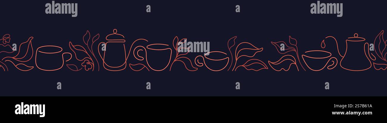 Tea cups, line leaves. Vector outline graphic pattern for cafe. Natural ...