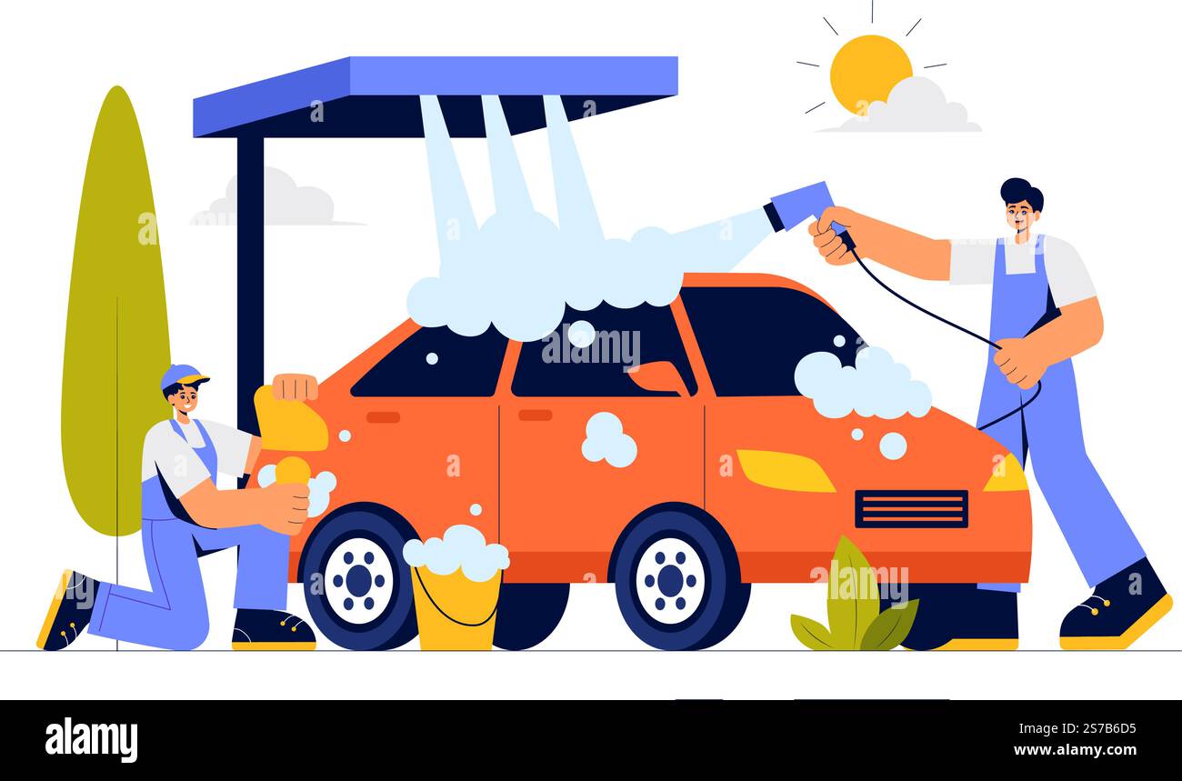 Car Wash Service Vector Illustration featuring Workers Cleaning an ...