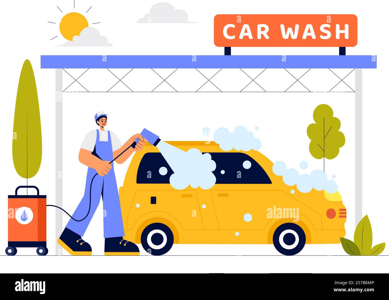 Car Wash Service Vector Illustration featuring Workers Cleaning an ...