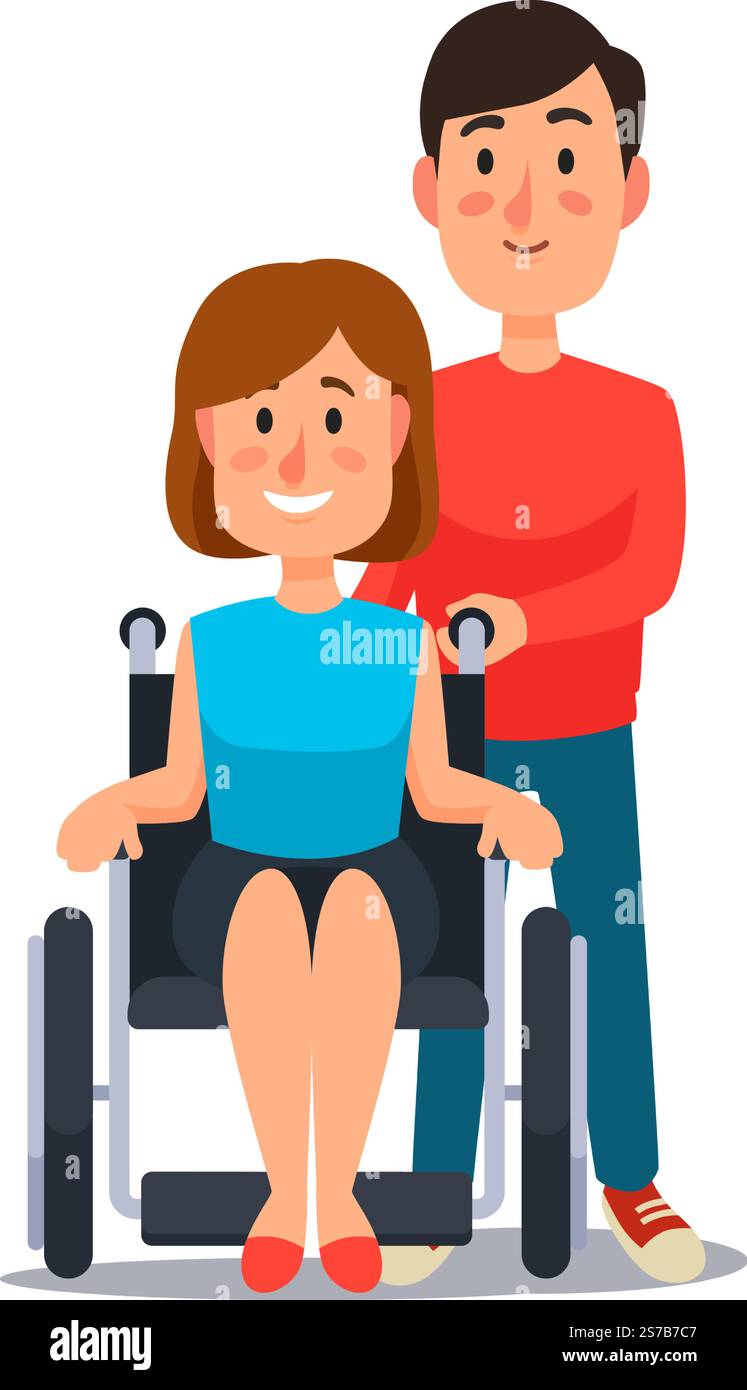 Young man pushing a smiling woman in a wheelchair, embodying the spirit ...