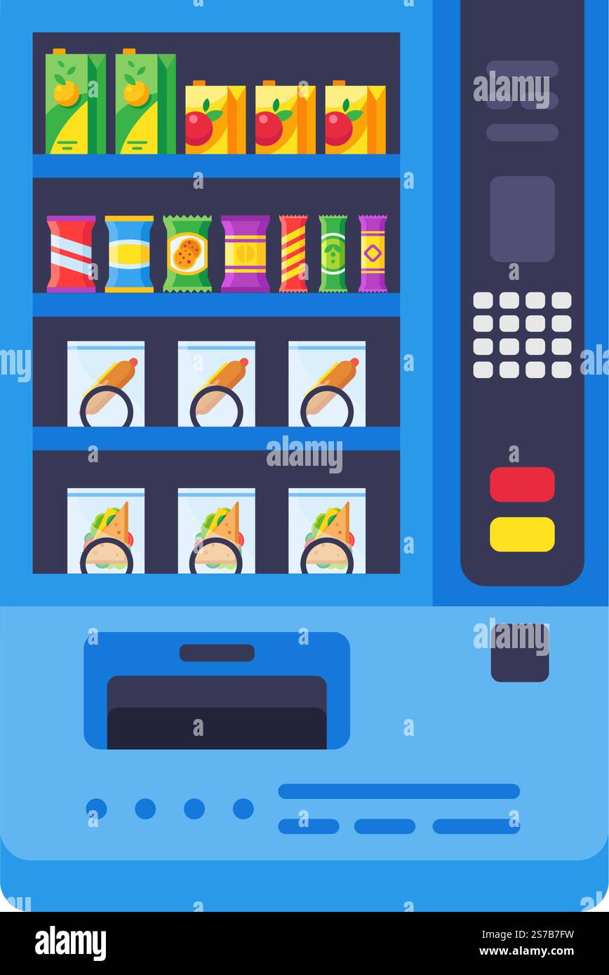 Vending machine offering various snacks and drinks including juice boxes, chips, hot dogs, and ...