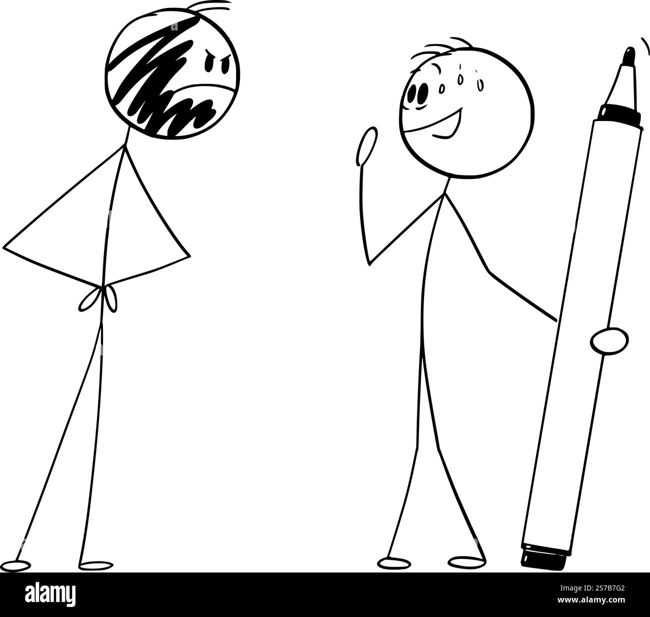 Accident with thick black marker and face , vector cartoon stick figure ...