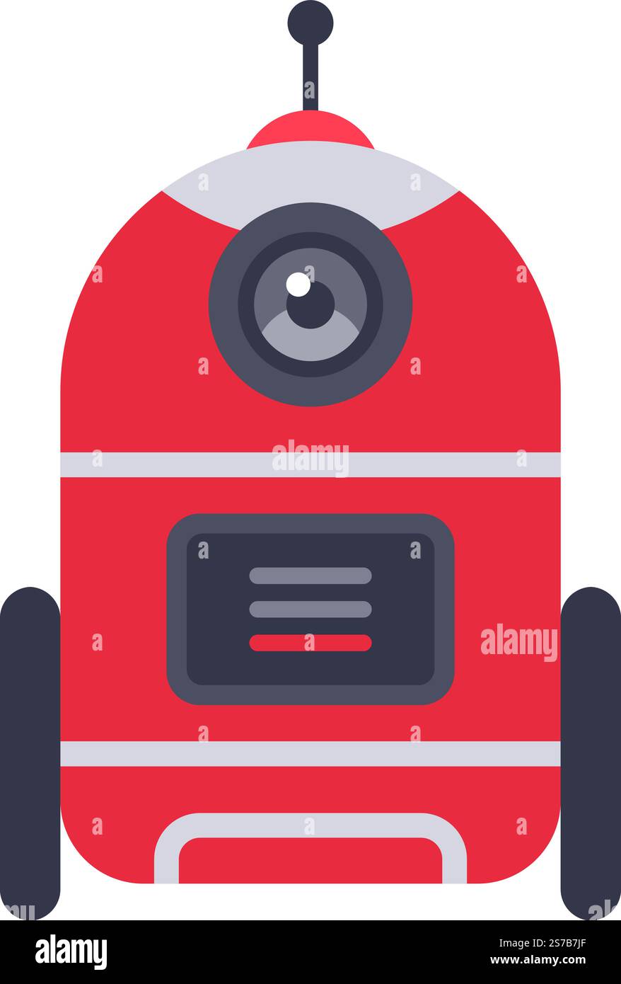 Modern red delivery robot moving on wheels and using artificial intelligence to transport goods ...