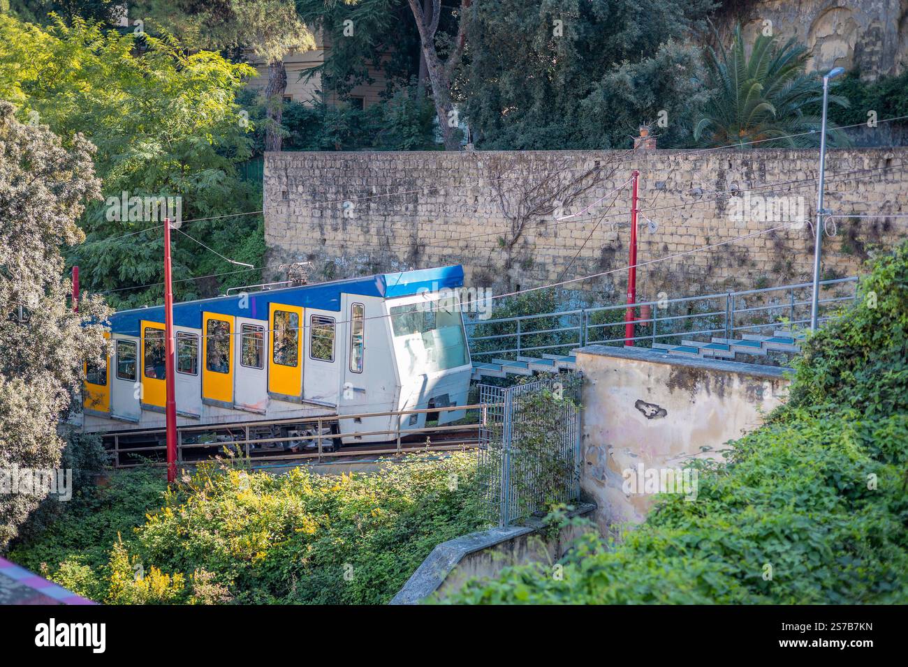 Funicular riding from the lower part of the napoli city towards the ...