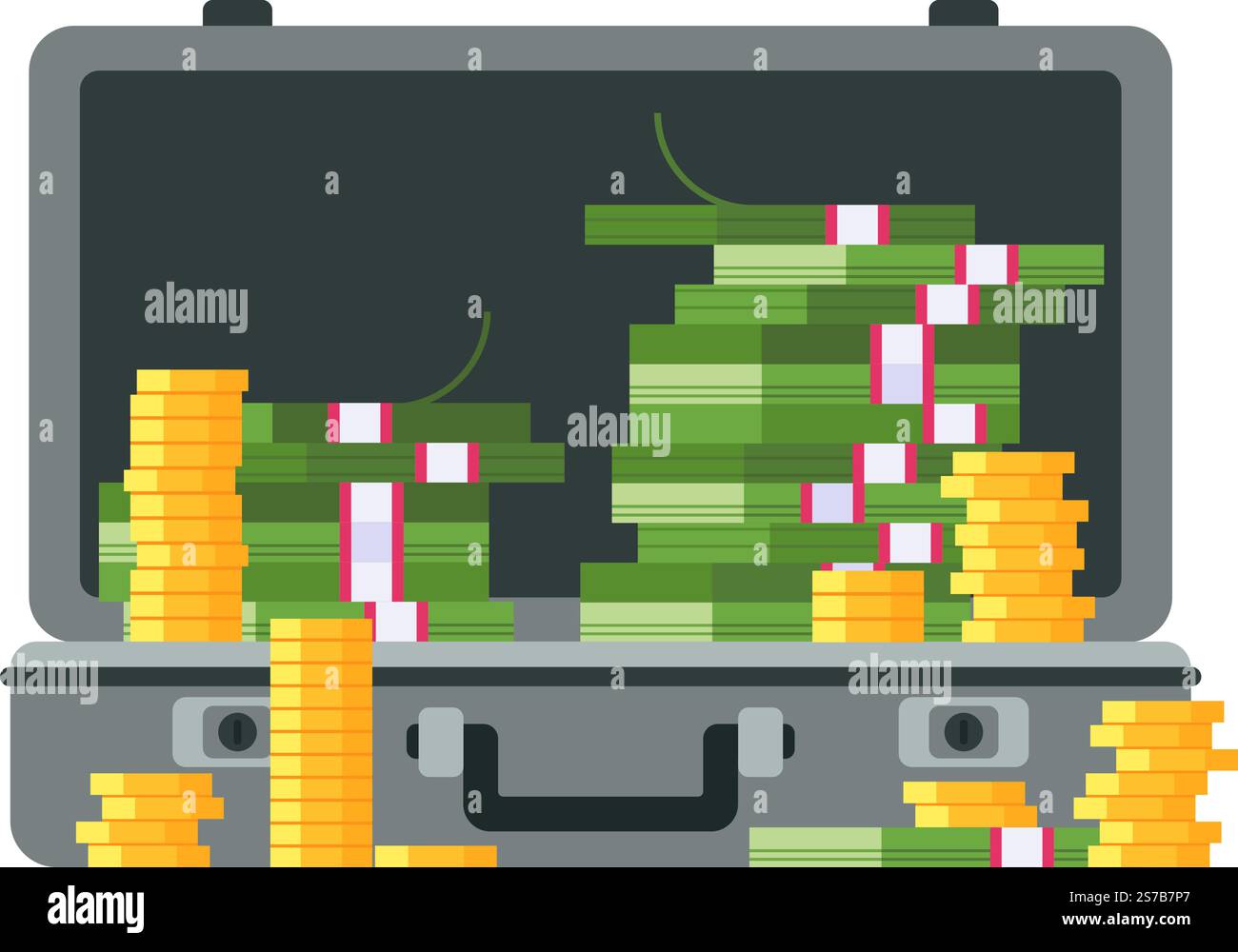 Open metal briefcase overflowing with banknotes and gold coins ...
