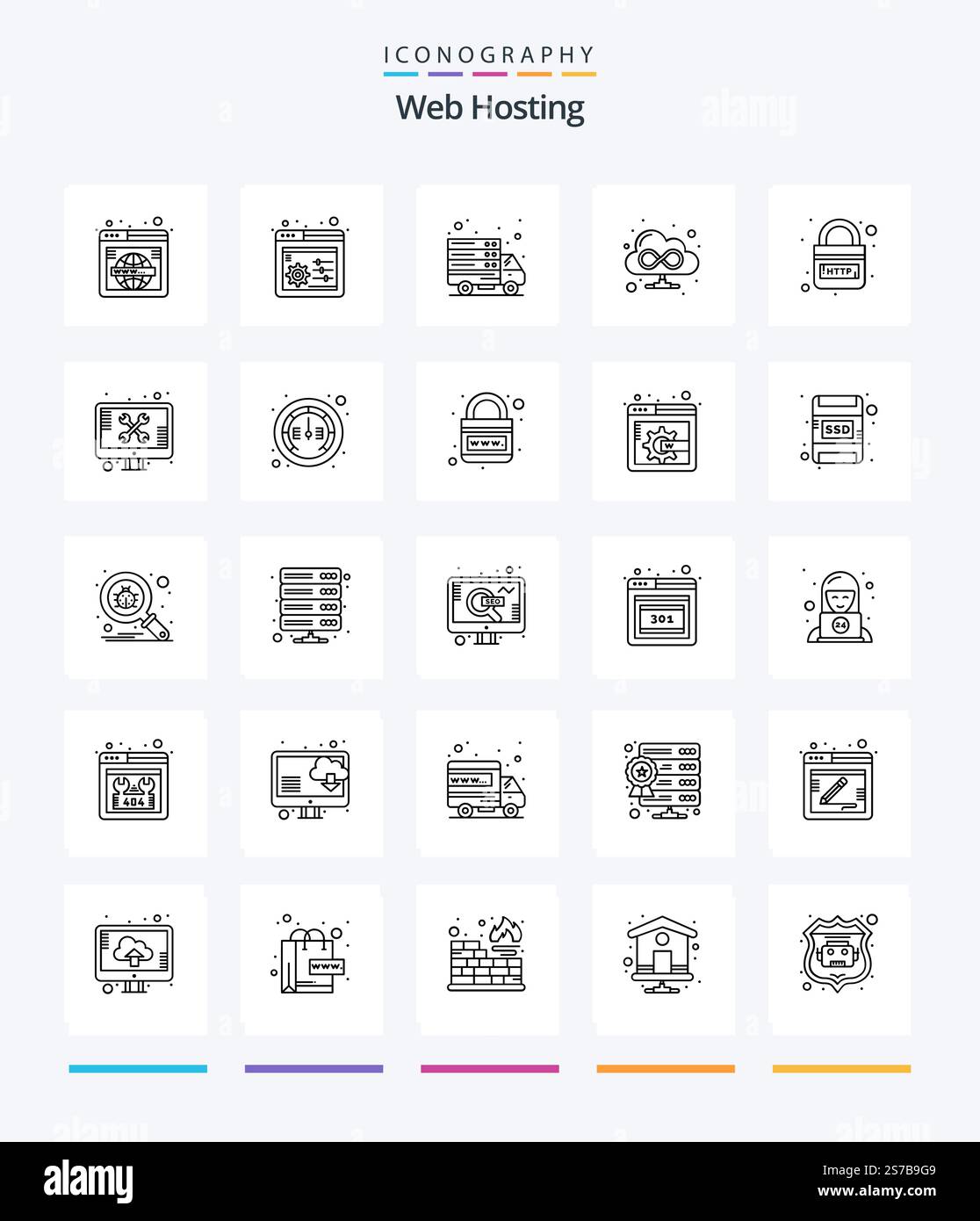 Creative Web Hosting 25 Outline Icon Pack Such As Internet Domain Internet Web Browser Stock