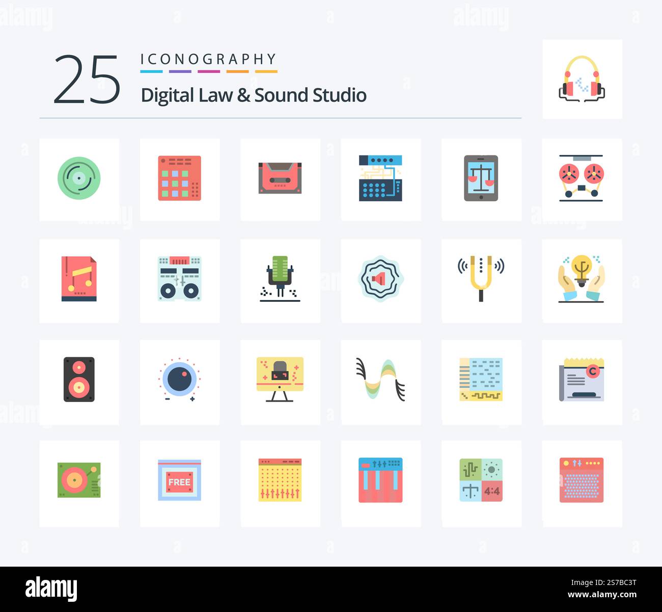 Digital Law And Sound Studio 25 Flat Color icon pack including device ...