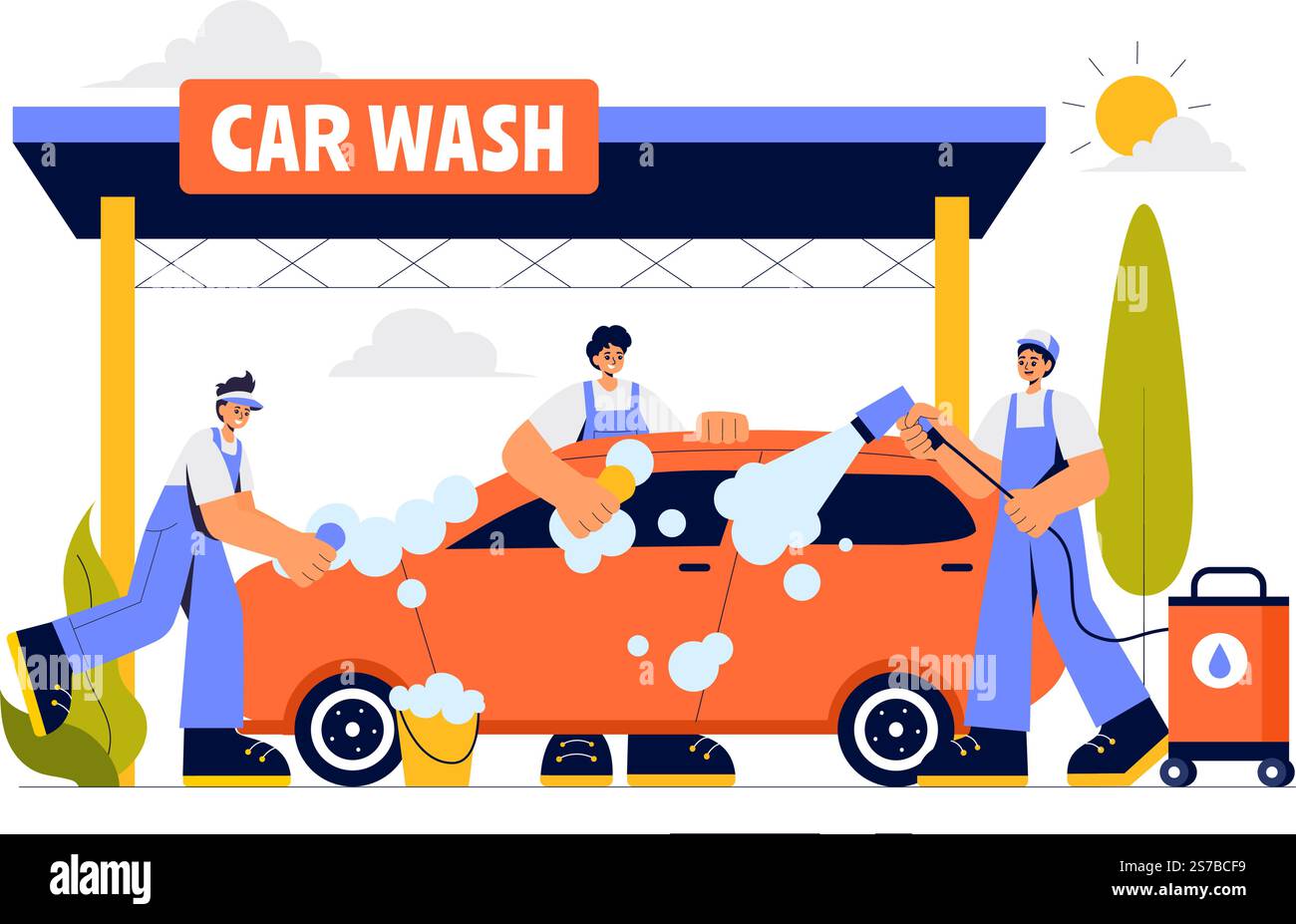 Car Wash Service Vector Illustration featuring Workers Cleaning an ...