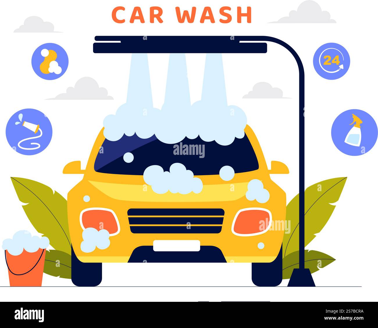 Car Wash Service Vector Illustration featuring Workers Cleaning an ...