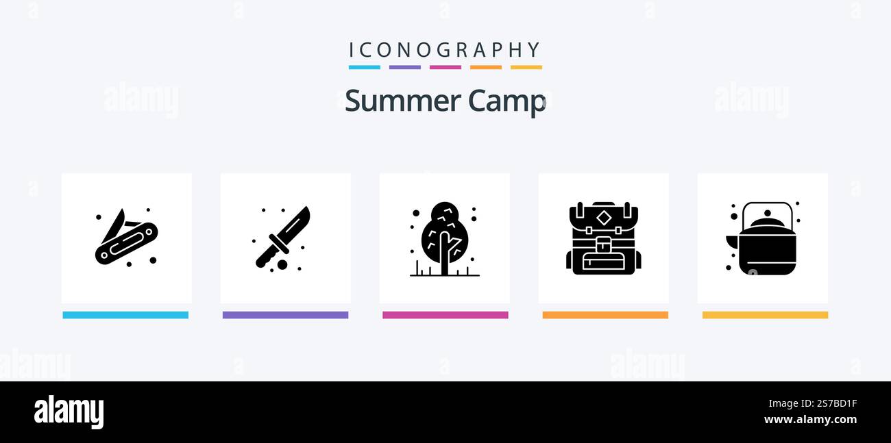 Summer Camp Glyph 5 Icon Pack Including tea. outdoor. forest. camping ...