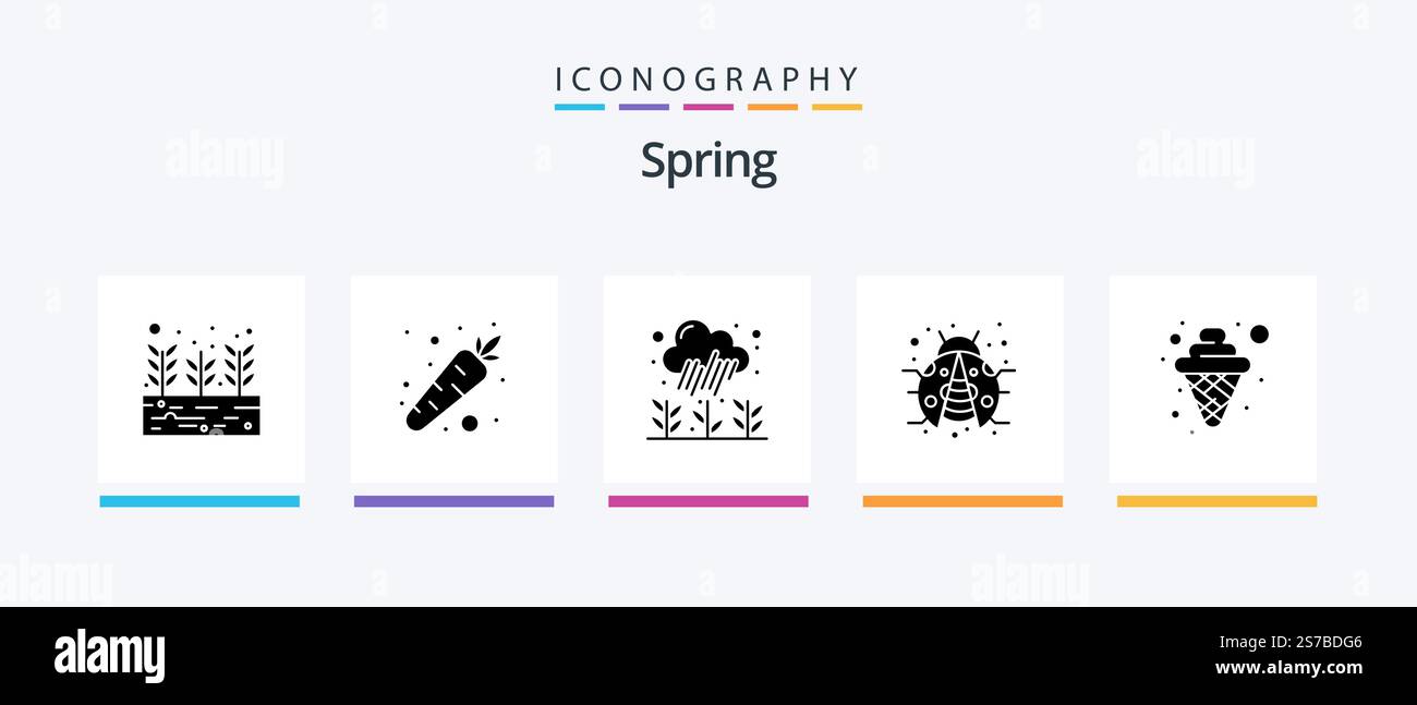 Spring Glyph 5 Icon Pack Including ice cream. cream. growth. lady bug ...