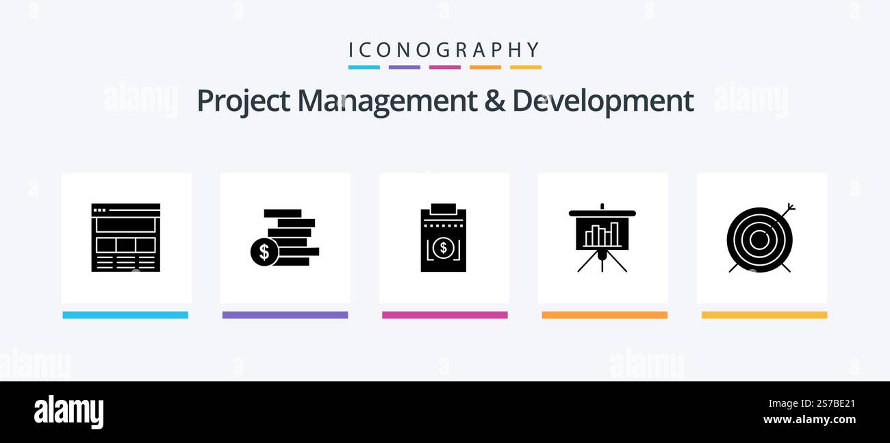 Project Management And Development Glyph 5 Icon Pack Including target. powerpoint. money ...