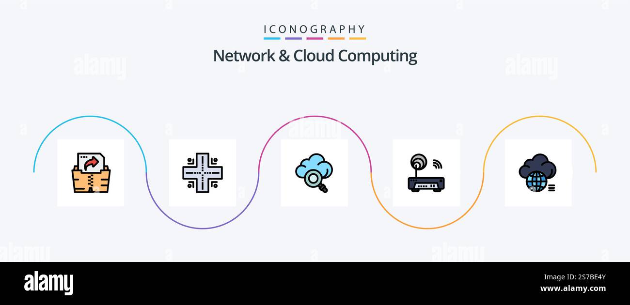 Network And Cloud Computing Line Filled Flat 5 Icon Pack Including technology. light. technology ...
