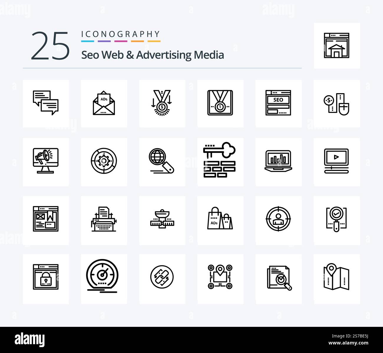 Seo Web And Advertising Media 25 Line icon pack including data. website. letter. trophy. star ...