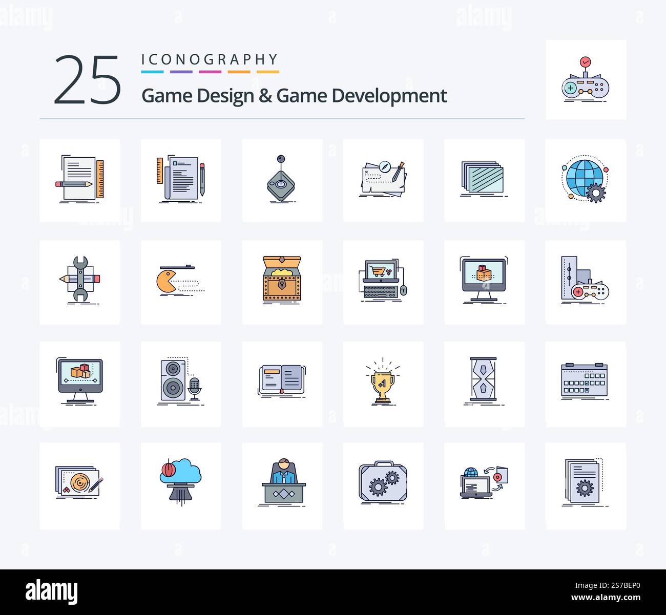 Game Design And Game Development 25 Line Filled icon pack including layout. design. joystick ...