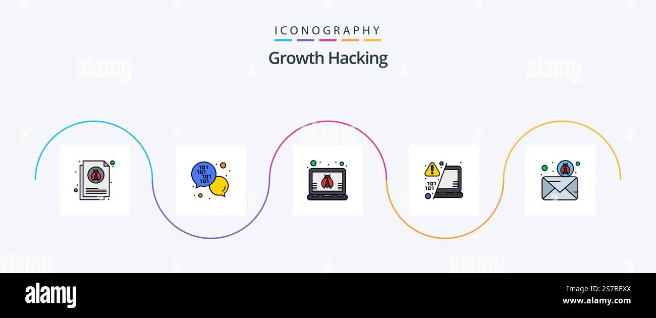 Hacking Line Filled Flat 5 Icon Pack Including forward. warn. message ...