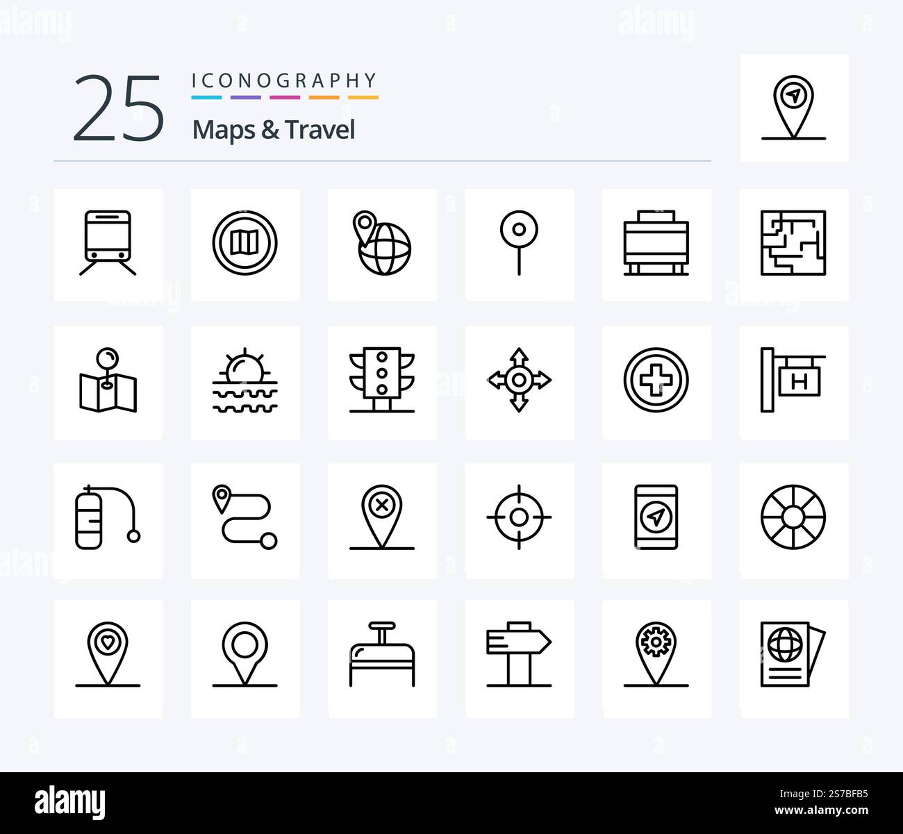 Maps & Travel 25 Line icon pack including labyrinth. suitcase. global ...