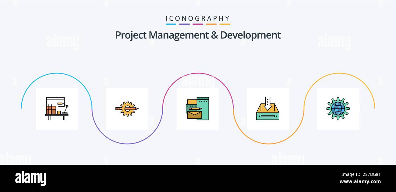 Project Management And Development Line Filled Flat 5 Icon Pack Including document. box. gear ...